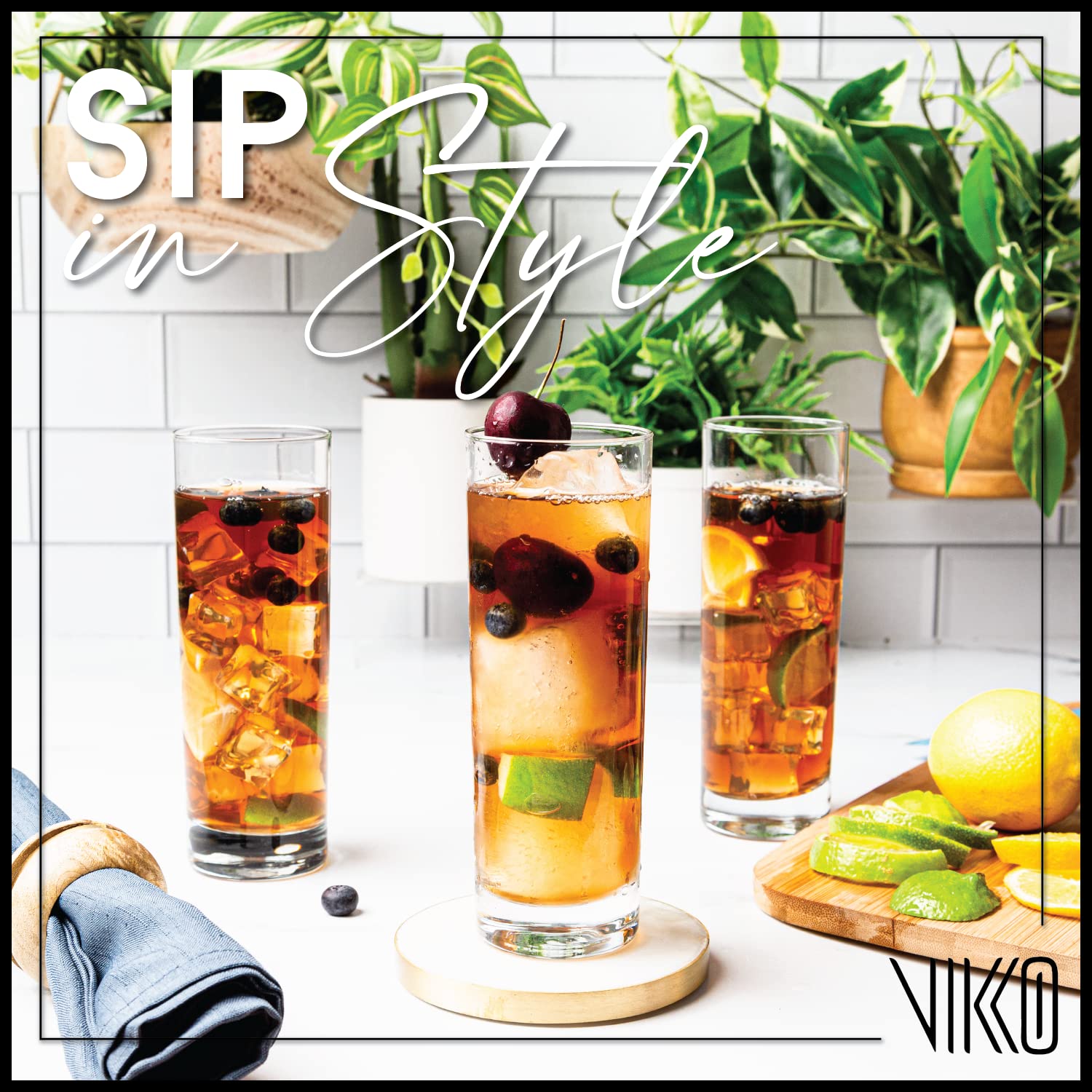 Vikko Highball Glasses with Weighted Base, 10.75 Ounce Drinking Glass, Set of 6 Collins Glasses for Juice, Water, Beverages and Cocktails