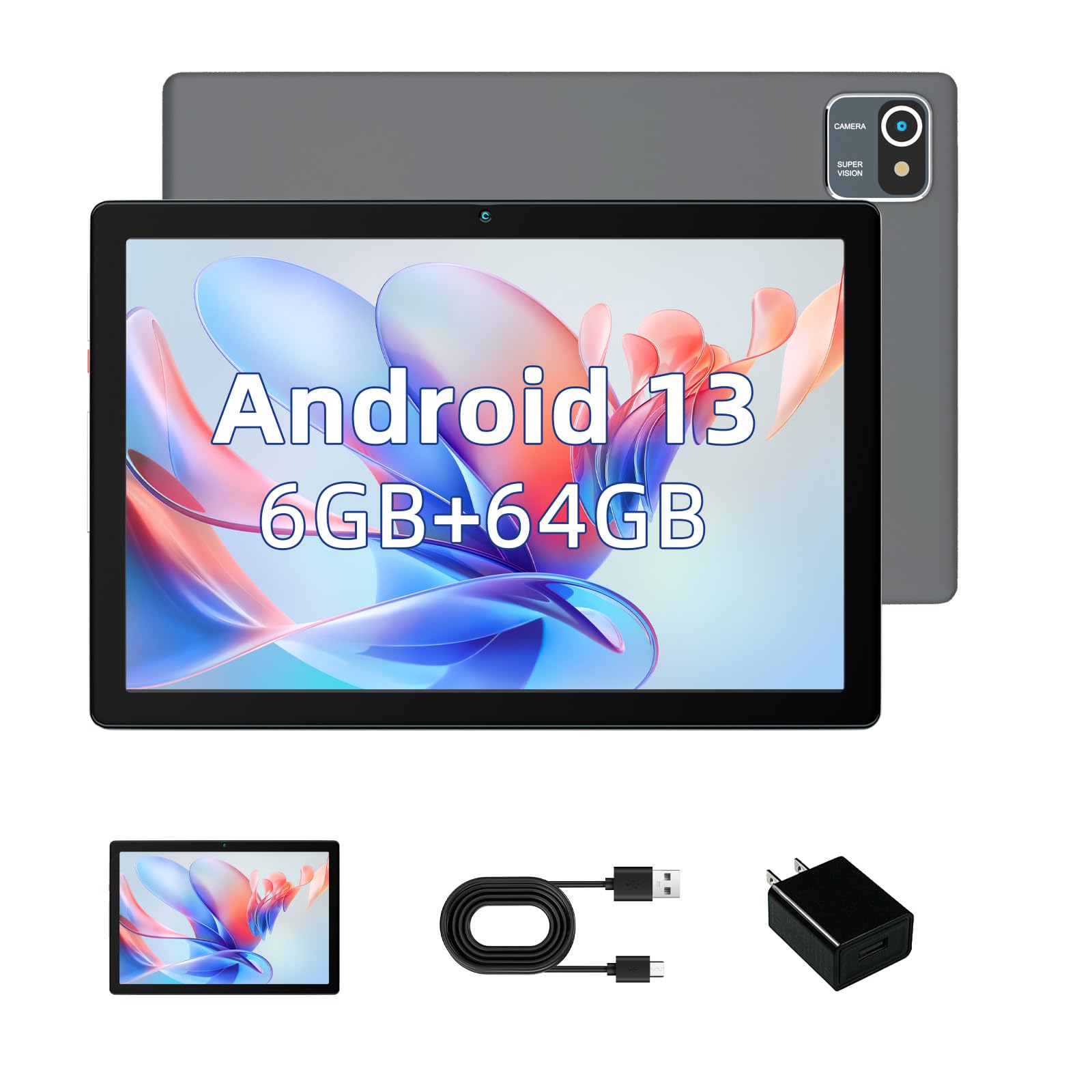 ROWT Tablet 10 Inch Android 13 Tablet 6(2+4)+64GB Quad Core Processor 1280×800 HD+IPS Screen, 2.4G WiFi, 5MP+8MP Camera, 5000mAh Battery,1-Year Warranty(Gray)