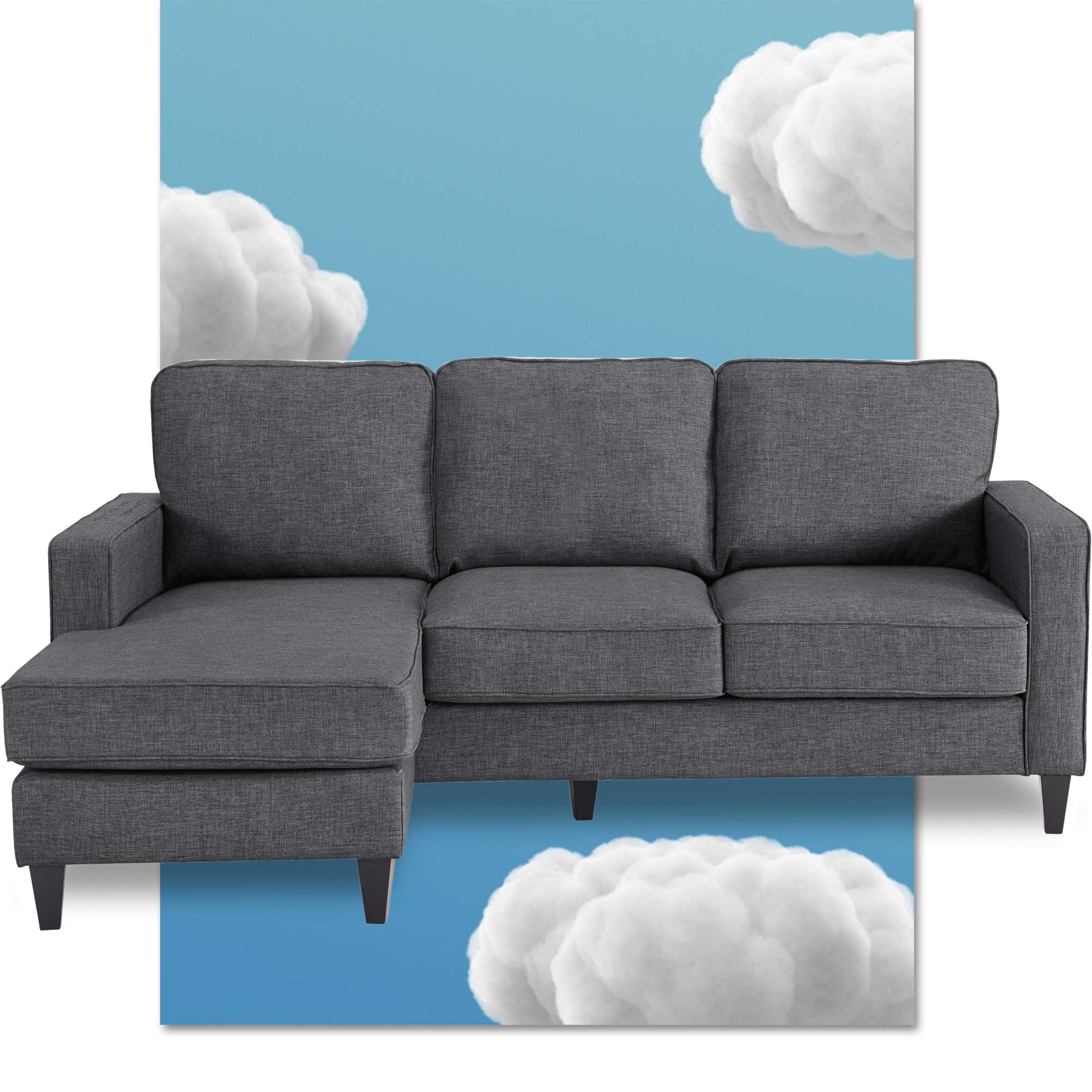 Serta Harmon Reversible Sectional Sofa, Modern L-Shaped Couch for Small Spaces, Soft Fabric Upholstery, Square Arm, Dark Gray