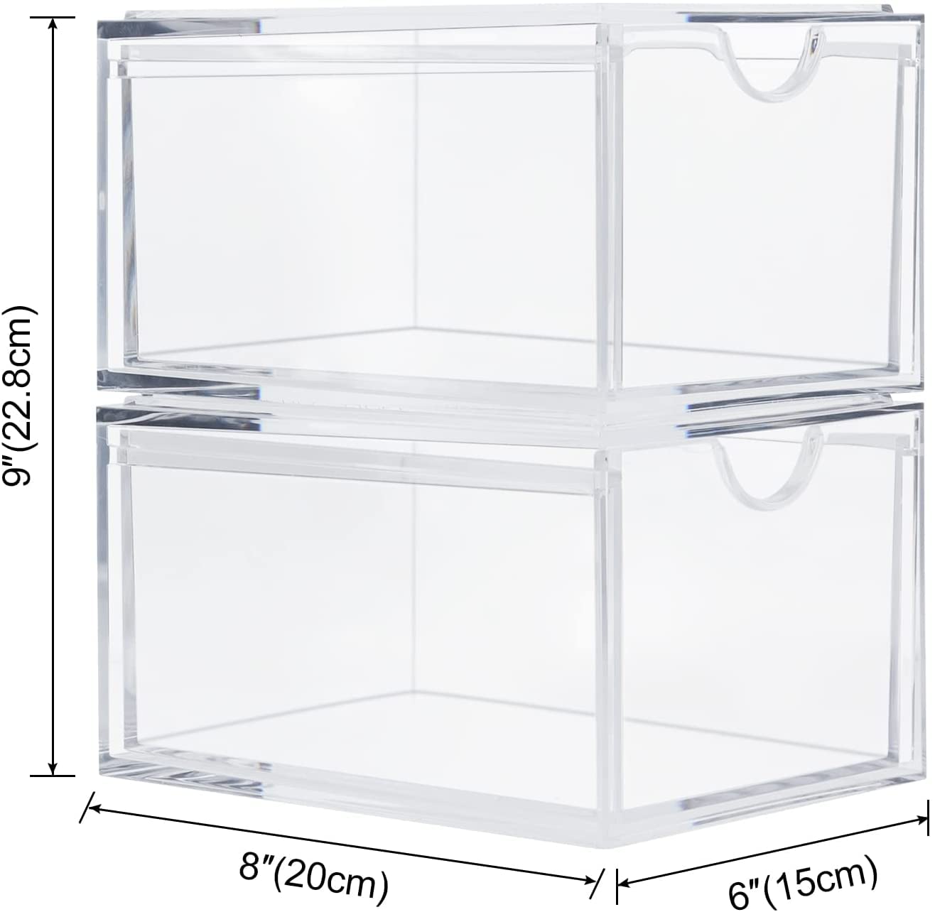 Stackable Cosmetic Organizer Storage Drawers, Set of 2 Acrylic Makeup Storage Organizer, Clear Storage Bins for Bathroom Vanity Countertop Bedroom Dresser Kitchen Cabinet Undersink and Pantry