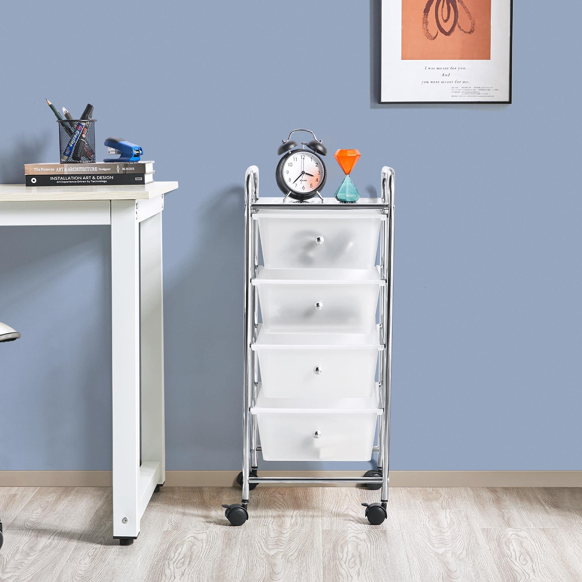 Topeakmart 4 Tier Rolling Storage Cart with Removable Drawers Plastic Trolley Organizer craft cart organizer with drawers 360 Castor Wheels Cart, White