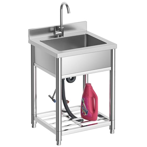 Stainless Steel Utility Sink, Free Standing Single Bowl Kitchen Sink with Cold and Hot Water Faucet, Commercial Sink for Restaurant Bar Cafe and Hotel, Indoor and Outdoor Sink, 21.7 in