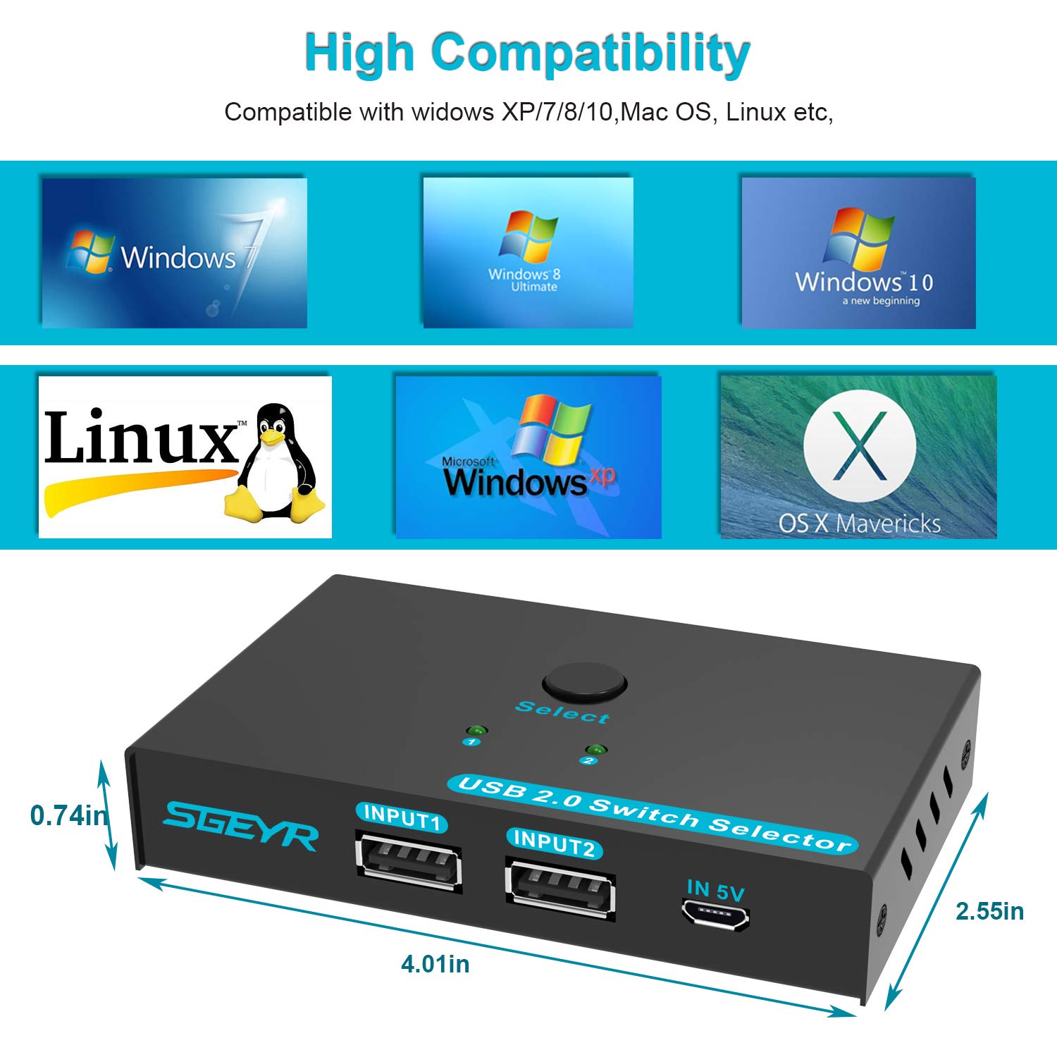 SGEYR Metal USB Switch 2 Computers Sharing 4 USB Devices USB 2.0 Switcher Box, USB Peripheral Switch Adapter, for Printer, Mouse, Scanner, PCs with One-Button Swapping and 2 Pack USB A to A Cable
