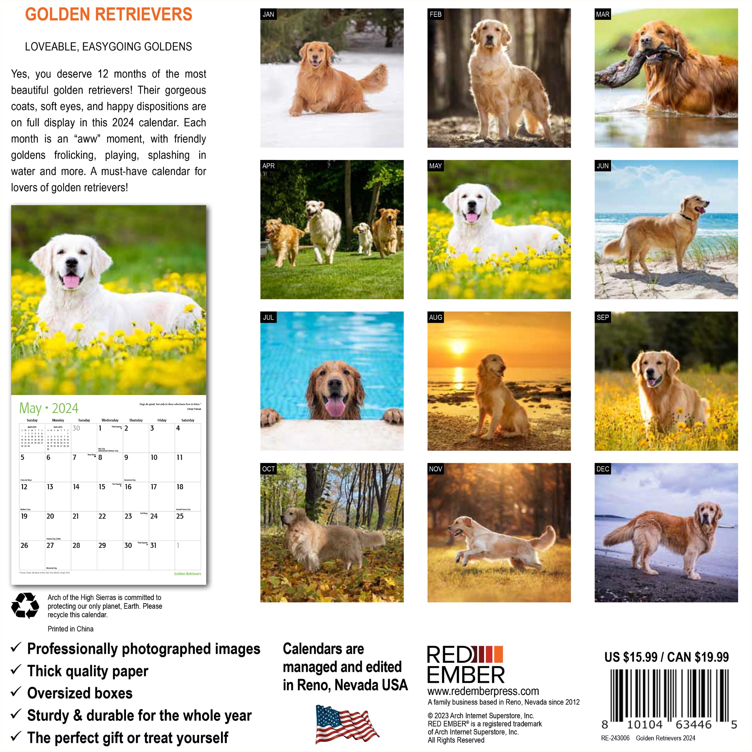 RED EMBER Golden Retrievers 2024 Hangable Monthly Wall Calendar | 12" x 24" Open | Thick & Sturdy Paper | Giftable | Cute Dog | Loveable, Easygoing Goldens