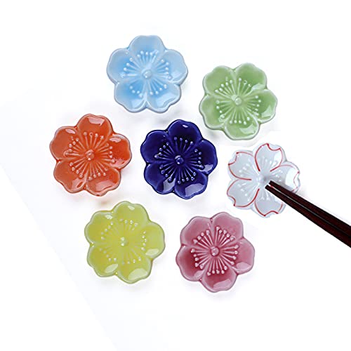 YAIKOAI Set of 7 Cherry Blossom Ceramic Chopsticks Rest Rack Forks Dinner Spoons Knives Stand Holder for Party Home Restaurant Dinnerware