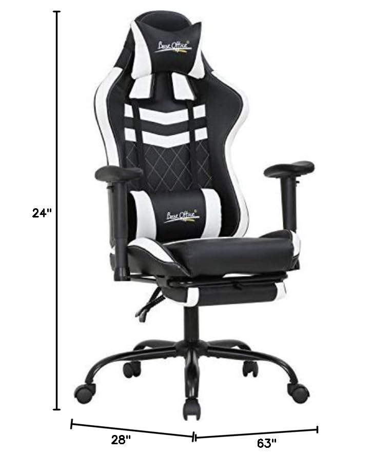 PC Gaming Chair Ergonomic Office Chair Racing Computer Chair with Lumbar Support Headrest 2D Armrest Footrest Task Rolling Swivel Ergonomic E-Sports Adjustable Desk Chair for Men Gamer(White)