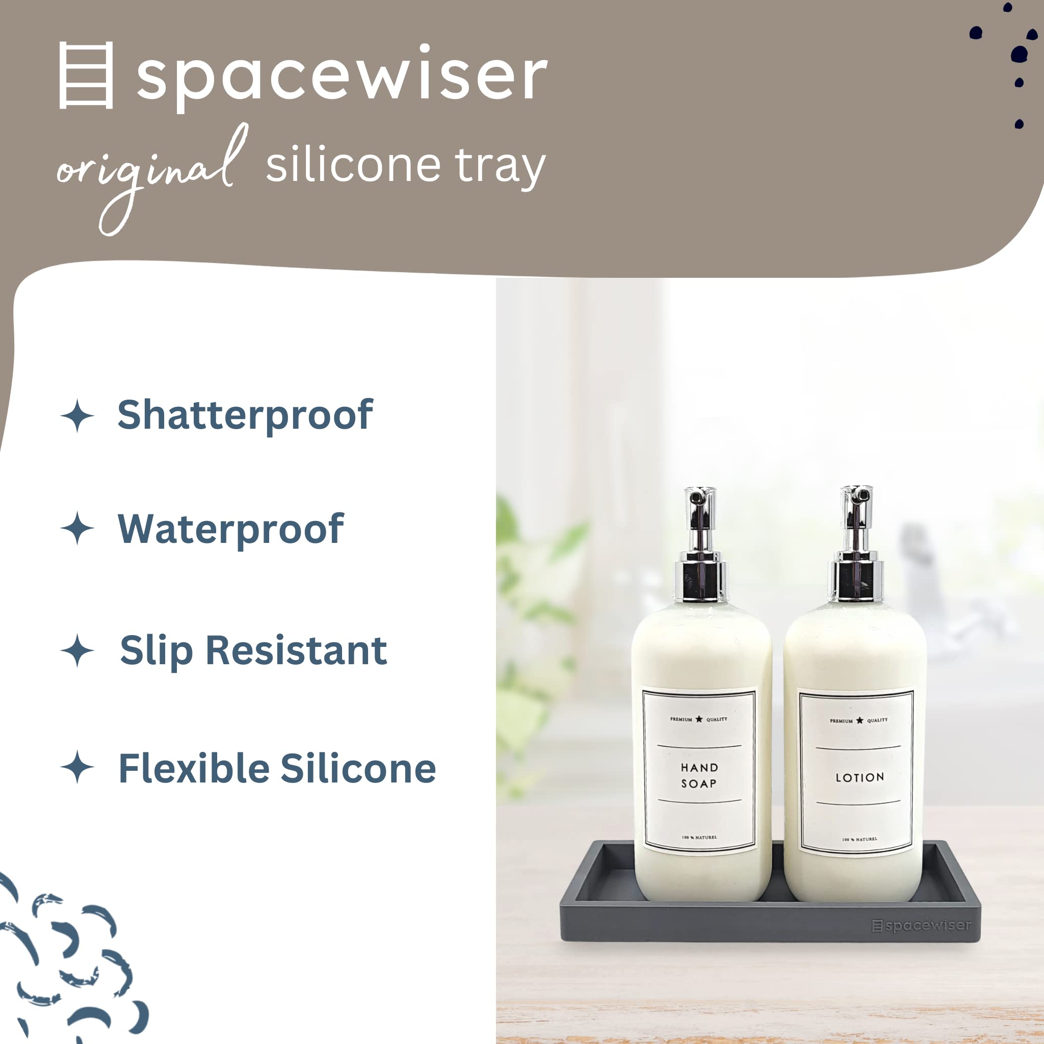 Spacewiser Countertop and Vanity Tray β Small 7.7" Silicone Soap Dispenser Tray, Shatterproof Flexible Bathroom Tray, Kitchen Sink Tray for Soap Bottles, Key Trinket Ring Tray, Original Silicone Tray