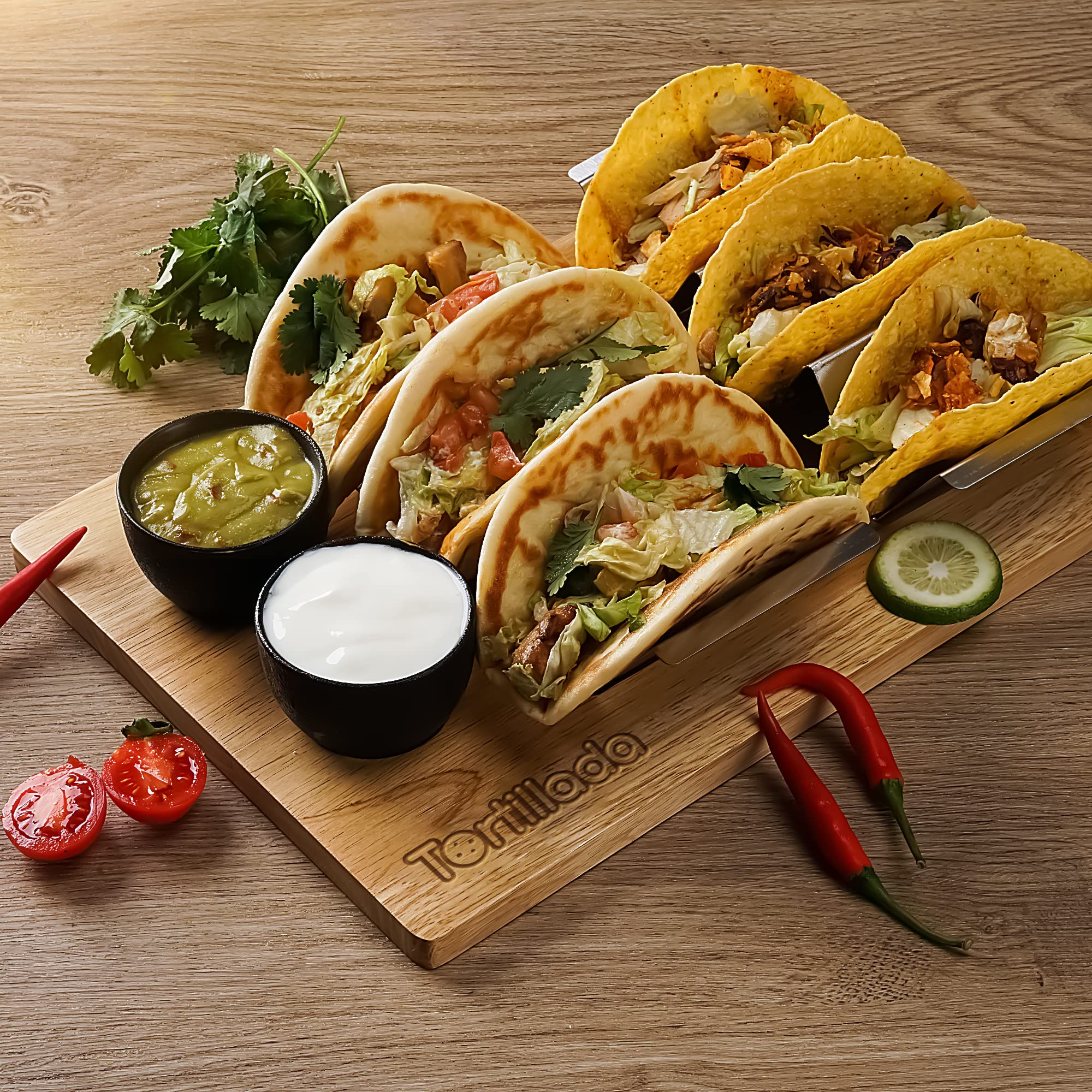 Tortillada - Taco Holders Set of 2 / Taco Holder Stainless Steel with Wooden Serving Tray incl. 2 Ceramic Dip Bowls + Recipe Book