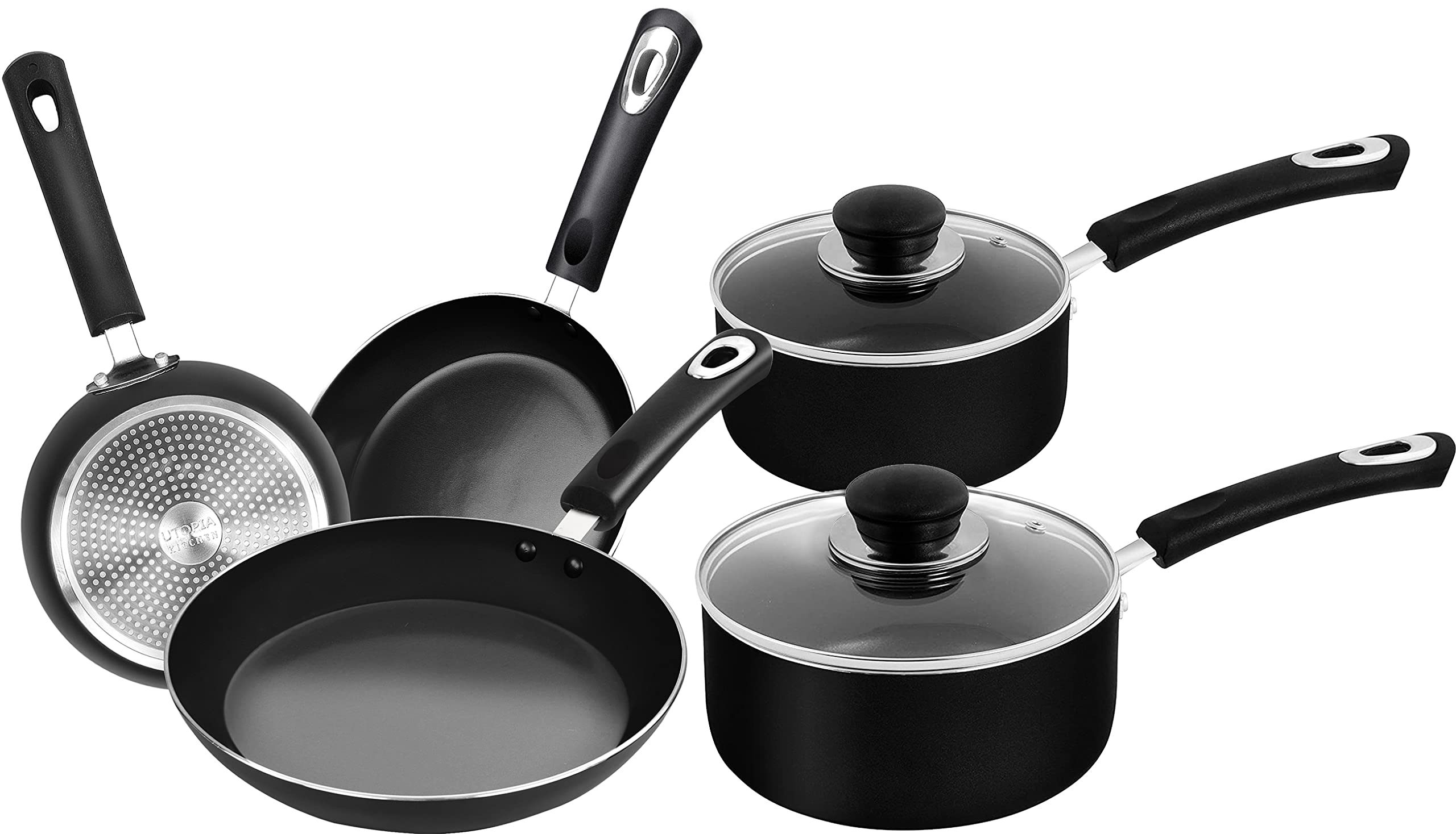 Utopia Kitchen 1 Quart & 2 Quart Nonstick Saucepans with Glass Lids & along with 8” 9” & 11” Nonstick Frying Pan - Induction Bottom - Multipurpose Use for Home Kitchen or Restaurant - Grey-Black