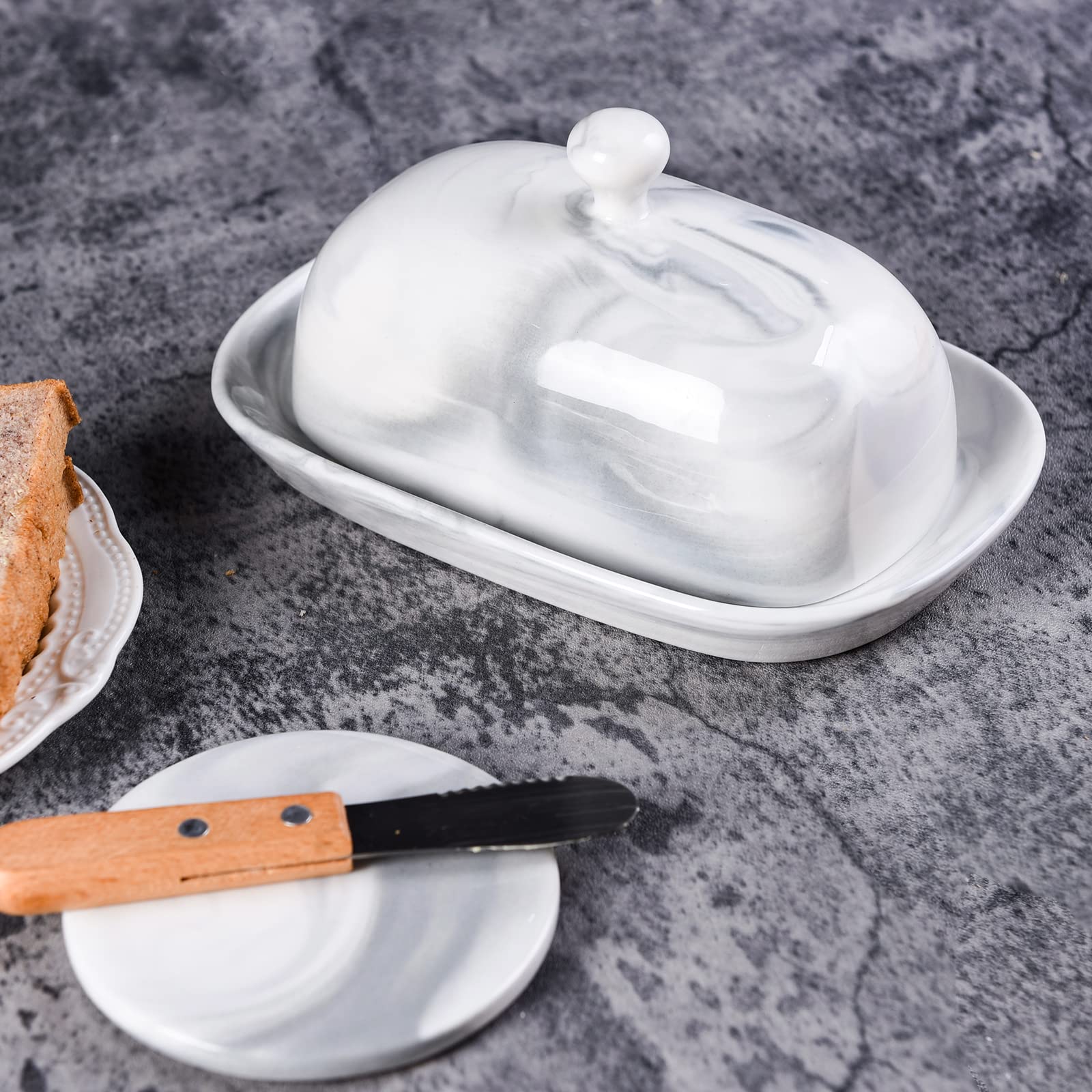 Yundu Grey Marble Butter Dish with Lid, Ceramics Butter Keeper Container, Perfect for East/West Butter