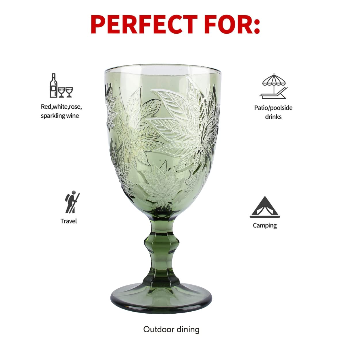 SANHECUN Wine Glasses Set Embossed Vintage Style Goblets 10 oz Green Set of 4(4, Wine Goblet 10 oz)