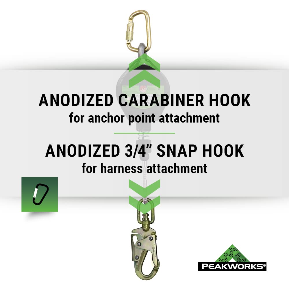 PEAKWORKS Fall Protection Safety Lifeline, Self Retracting (SRL) Cable, 20 ft Vertical and Horizontal Cable, Galvanized Steel Snap Hook Harness for Climbing, Rescue, Hunting, Roofing, V845533020LE