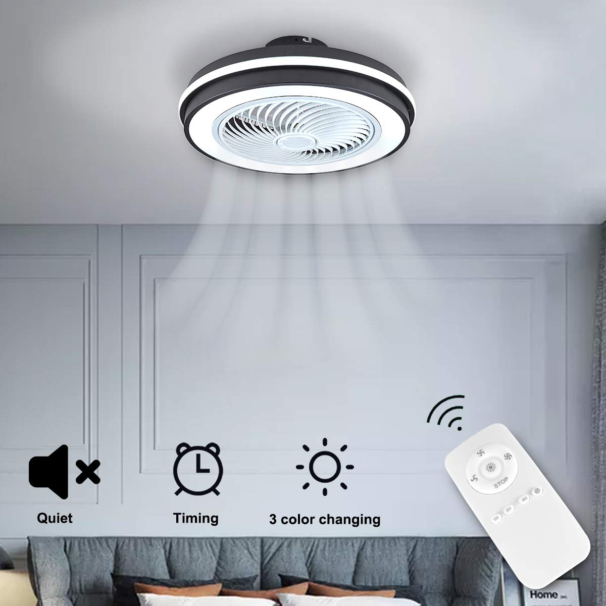 SHENGQINGTOP Modern LED Enclosed Ceiling Fan with Lights Remote Control 40W 20 Inches Round Flush Mount Low Profile Ceiling Fan, 7 Blades, 3 Color changeable, 3 Speed, Timing, Black