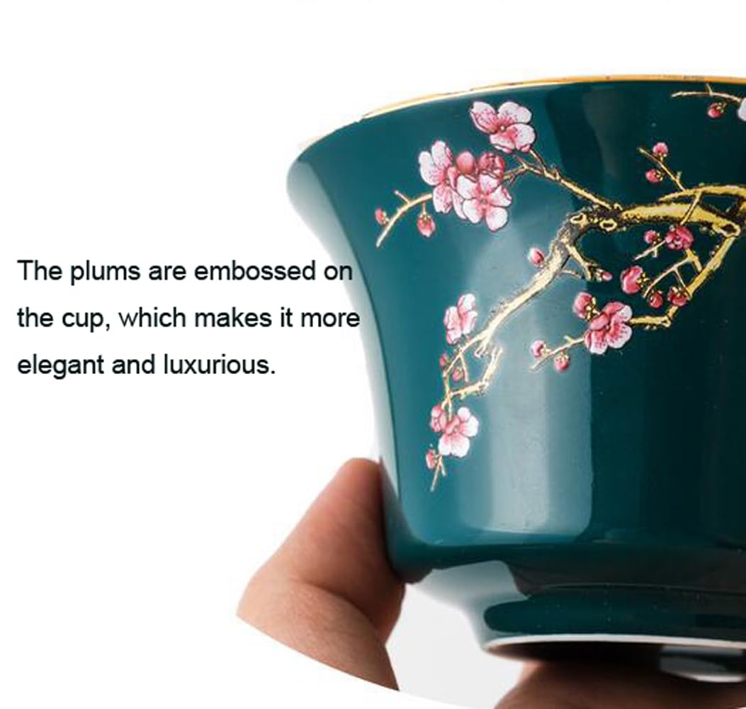 YBK Tech 10oz Large Gaiwan, Porcelain Kung Fu Tea Cup and Saucer with Lid, Chinese Traditional Gaiwan, Sancai Tea Bowl - Embossed Plum Patterns (Green)