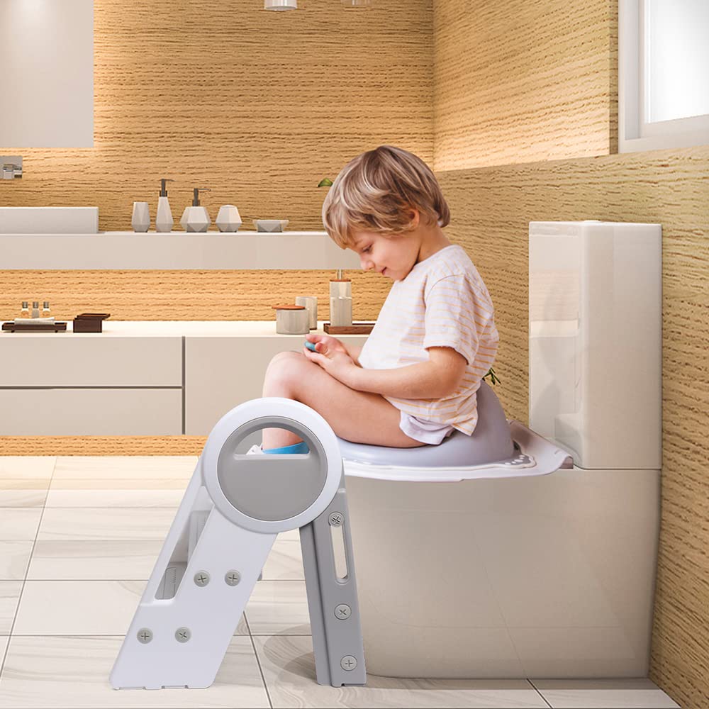 Step Ladder 3 Step Folding Toddler Step Stool for Kids Three Step Standing Tower for Kitchen Counter,Adjustable 3 Step Stools with Handles to 2 Step for Toilet Potty Training (Grey)