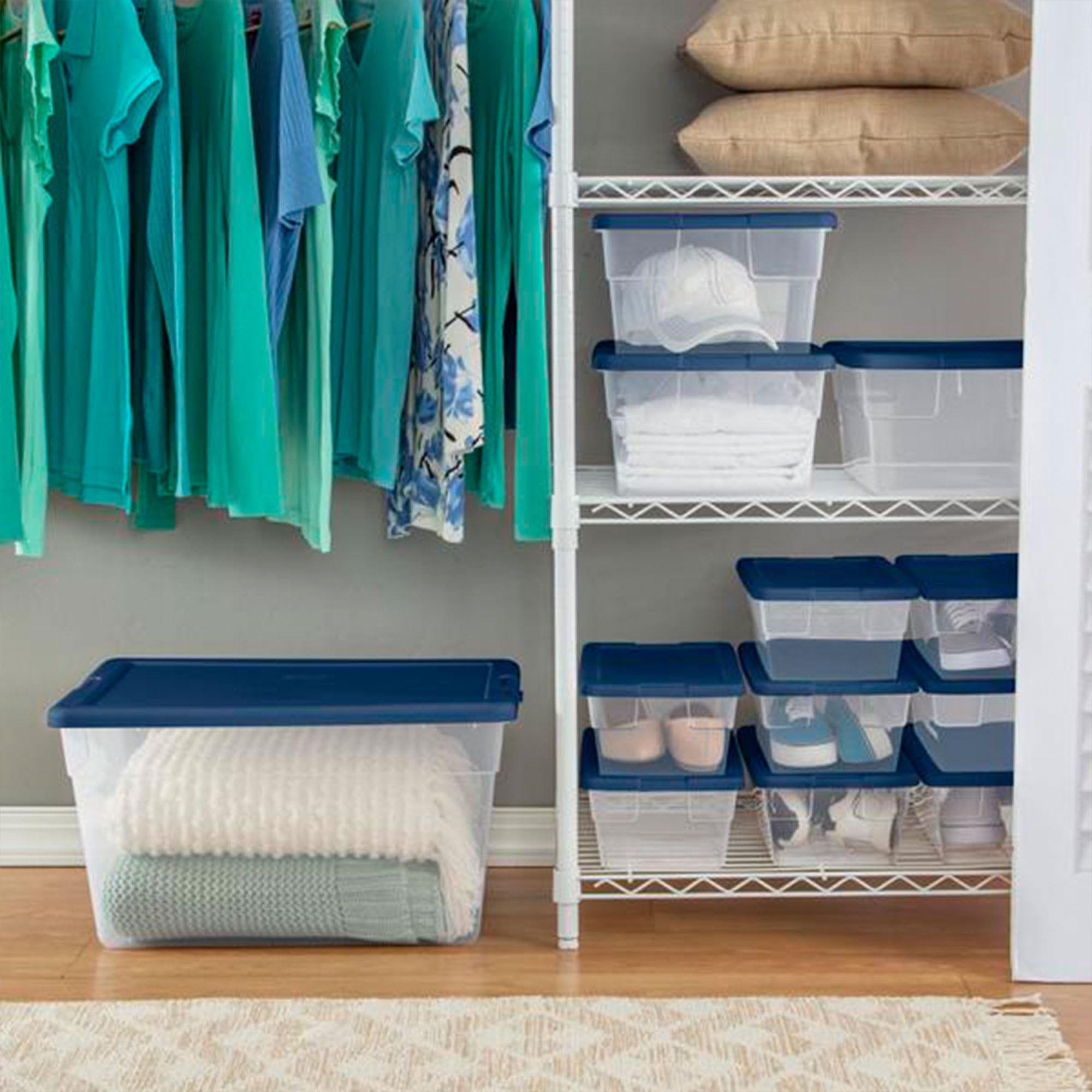 Sterilite Stackable 56 Quart Clear Home Storage Box with Handles and Marine Blue Lid for Efficient, Space Saving Storage and Organization (8 Pack)