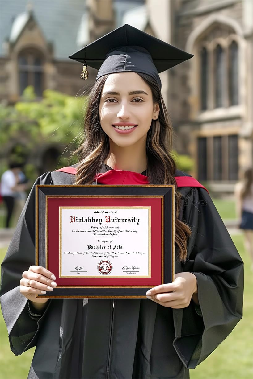 VIOLABBEY 8.5x11 Diploma Frame Black, 8.5 x 11 Certificate Frame with Mat or 11x14 College Degree Frames without Mat, Wall or Tabletop Display, Tempered glass (Red Gold Double Mat)