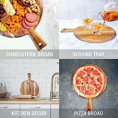 Vees Goods Acacia Wood Cutting Board with Handle - Kitchen Round Cutting Board Set includes Glove and Towel - Great Use for Pizza, Charcuterie, Chopping Board - Size (15.9β x 12.2β)