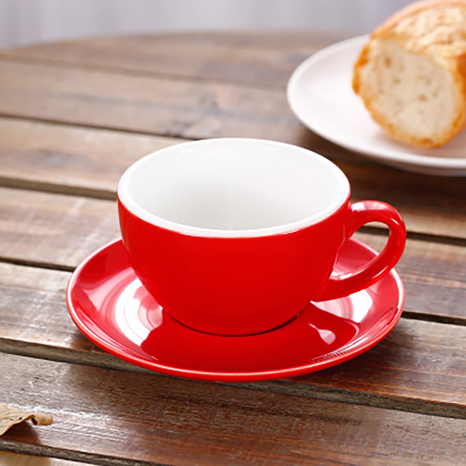 Yesland 2 Pack Ceramic Coffee Cup with Saucer, 8.5 oz Cappuccino Cup Latte Cup, Glossy Red Espresso Cups for Specialty Coffee Drinks, Latte, Cafe Mocha and Tea