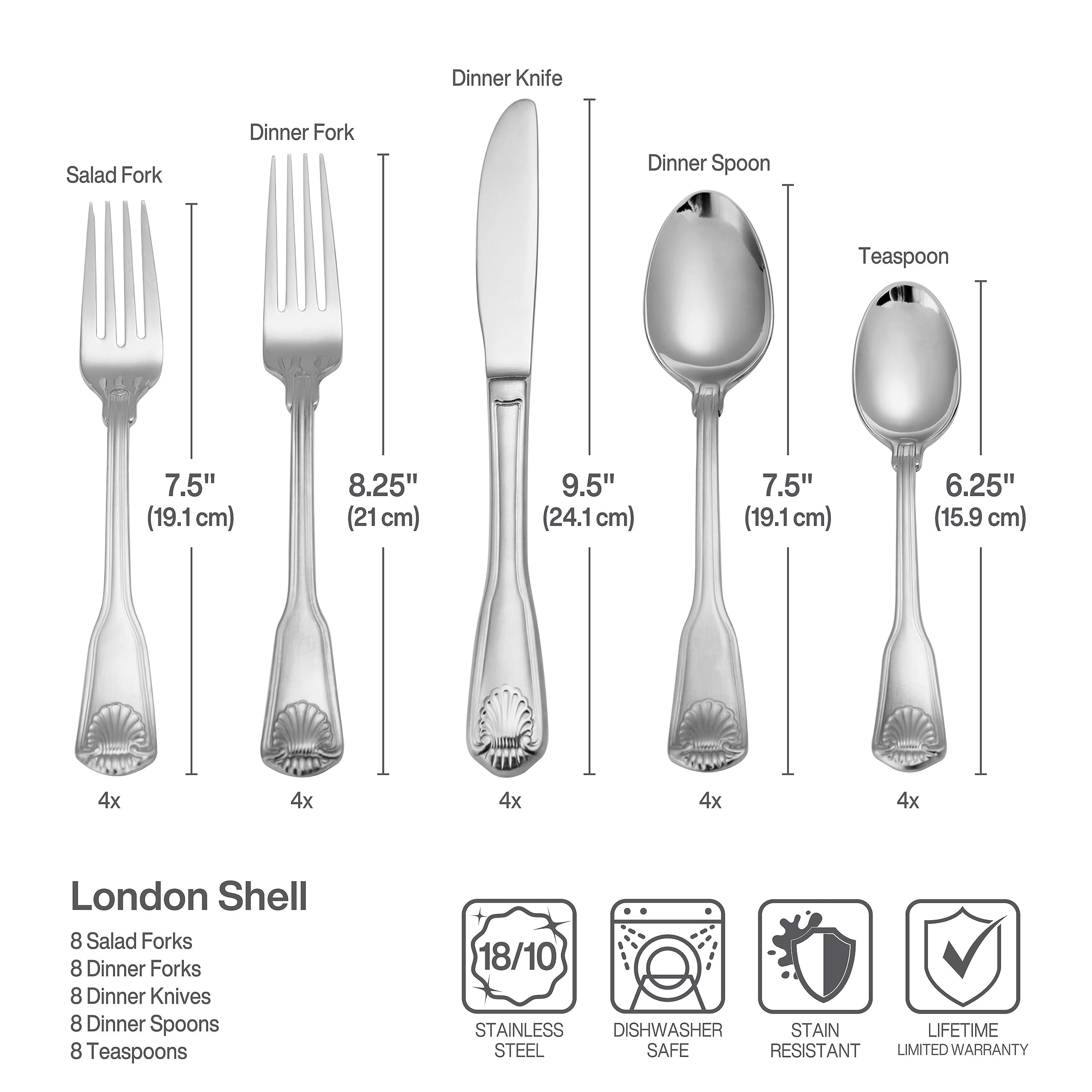Towle London Shell 45-Piece 18/10 Stainless Steel Flatware Set, Service for 8
