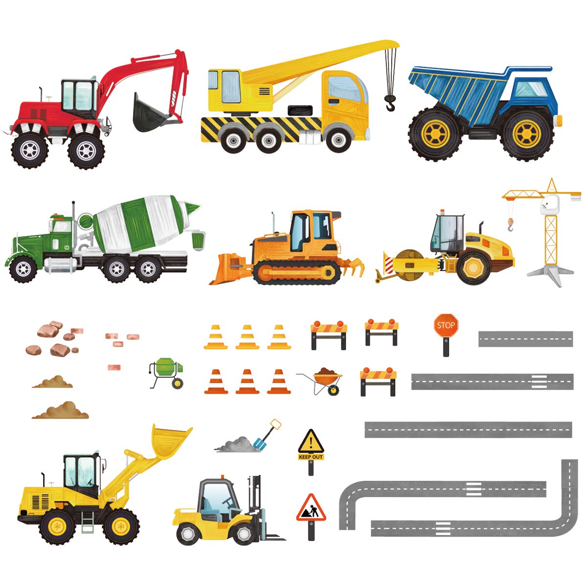 Runtoo Construction Vehicles Wall Decals Road Trucks Tractor Wall Stickers Kids Boys Bedroom Nursery Wall Décor