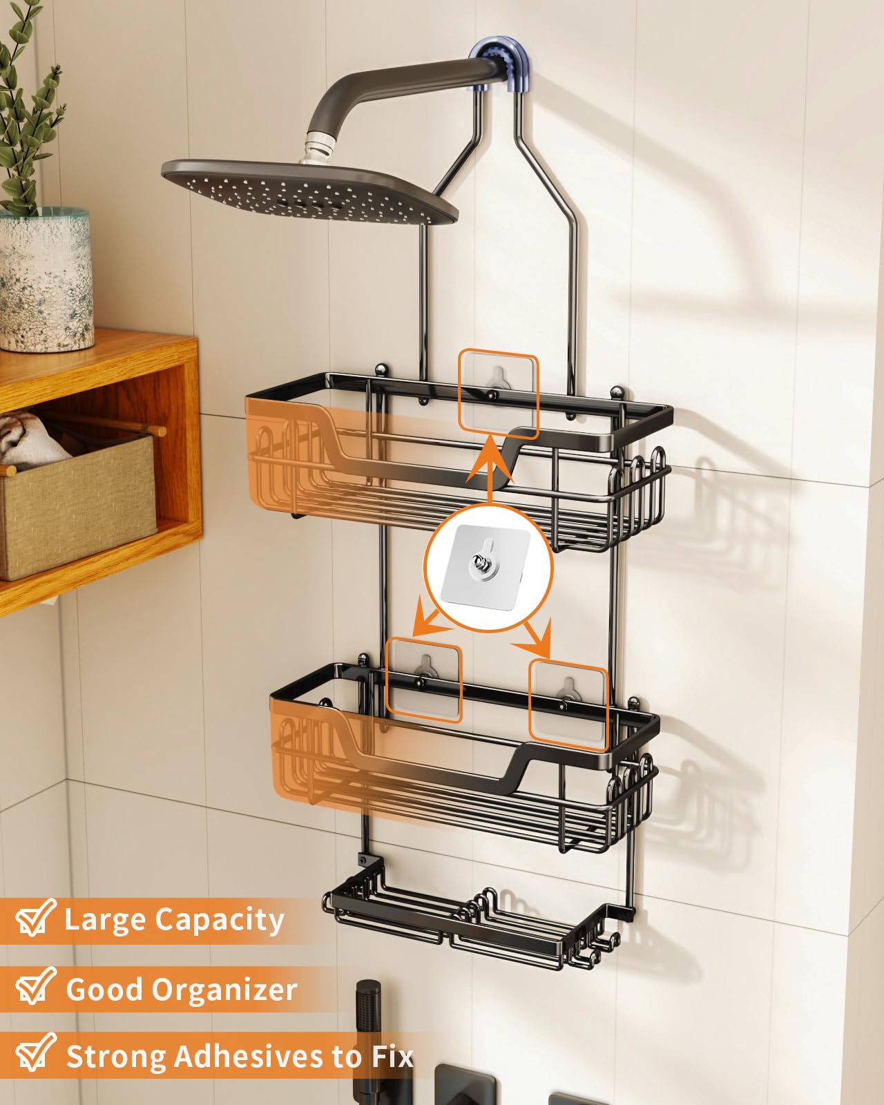 SWTYMIKI 3 Tier Rustproof Hanging Shower Caddy with 16 Hooks & Dual Soap Holder, Large Capacity Over Shower Organizer for Bathroom Shower Room, Black