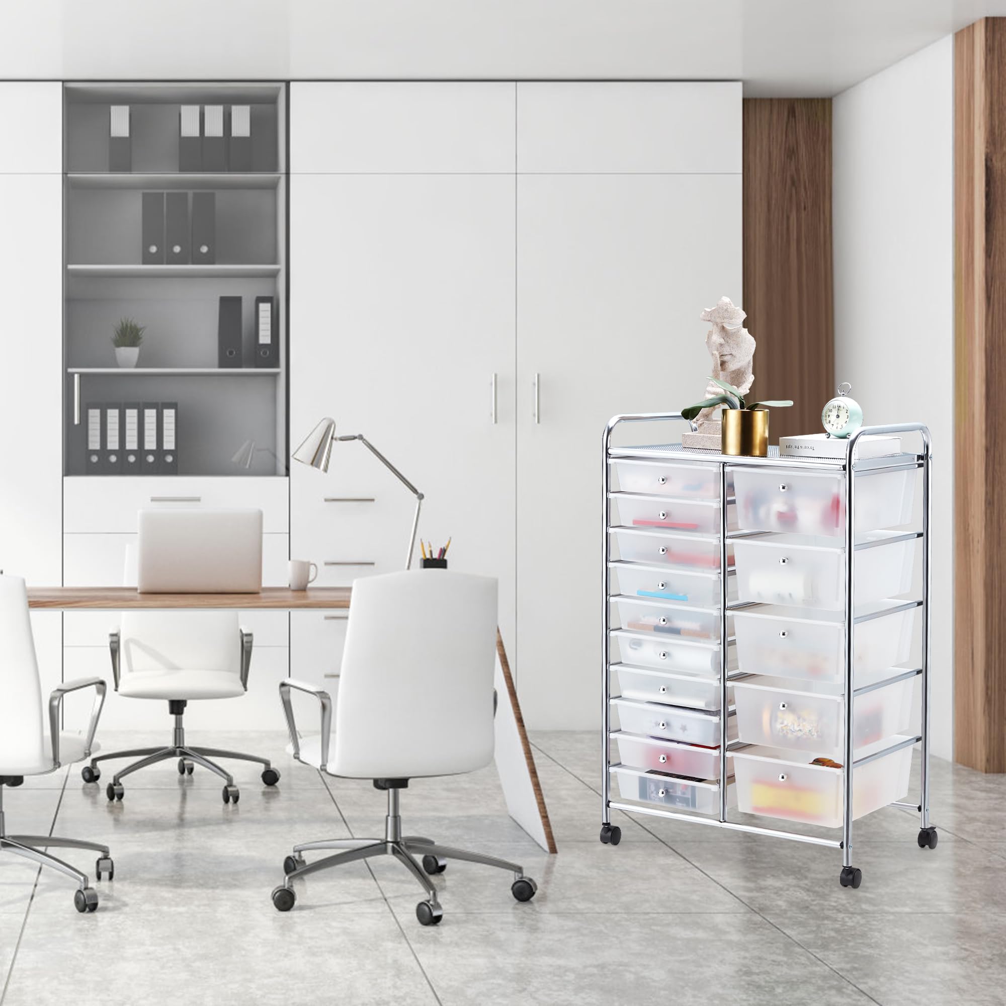 Sapodilla15-Drawer Rolling Storage Cart, Multipurpose Movable Organizer Cart for School Office Home Beauty Salon, Multipurpose Storage Organizer Cart with 4 Lockable Casters(White)