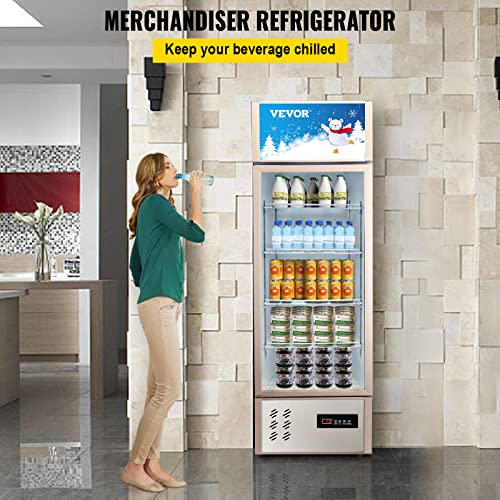 VEVOR Commercial Refrigerator,Display Fridge Upright Beverage Cooler, Glass Door with LED Light for Home, Store, Gym or Office, (8 cu.ft. Single Swing Door)