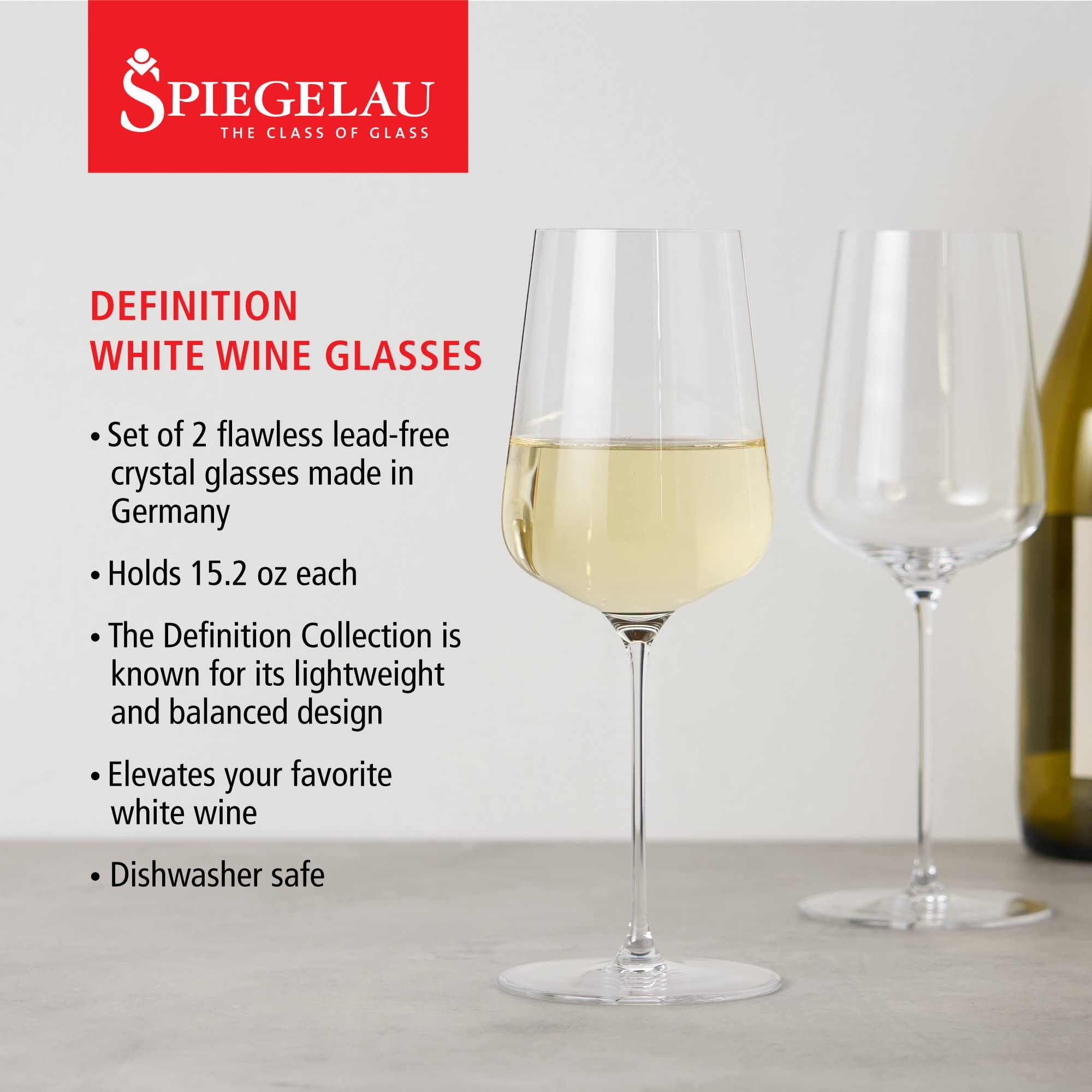 Spiegelau Definition Stemmed White European-Made 15.2oz Dishwasher Safe Crystal Wine Glasses Set of 2