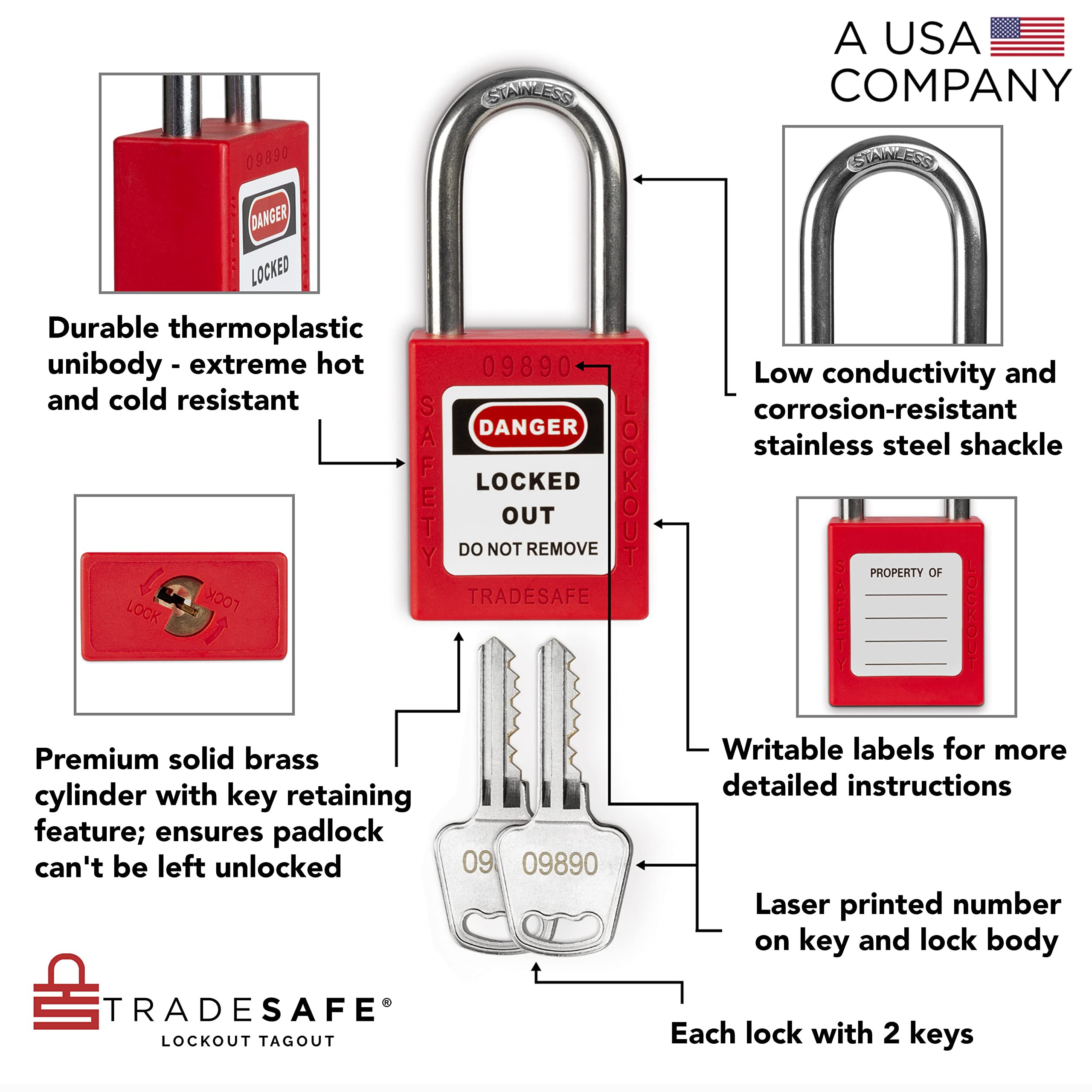 TRADESAFE Lockout Tagout Lock Sets, 10 Red Keyed Alike Safety Padlocks, 2 Keys Per Lock, OSHA Compliant Loto Locks, for Lock Out Tag Out Stations - Premium Grade