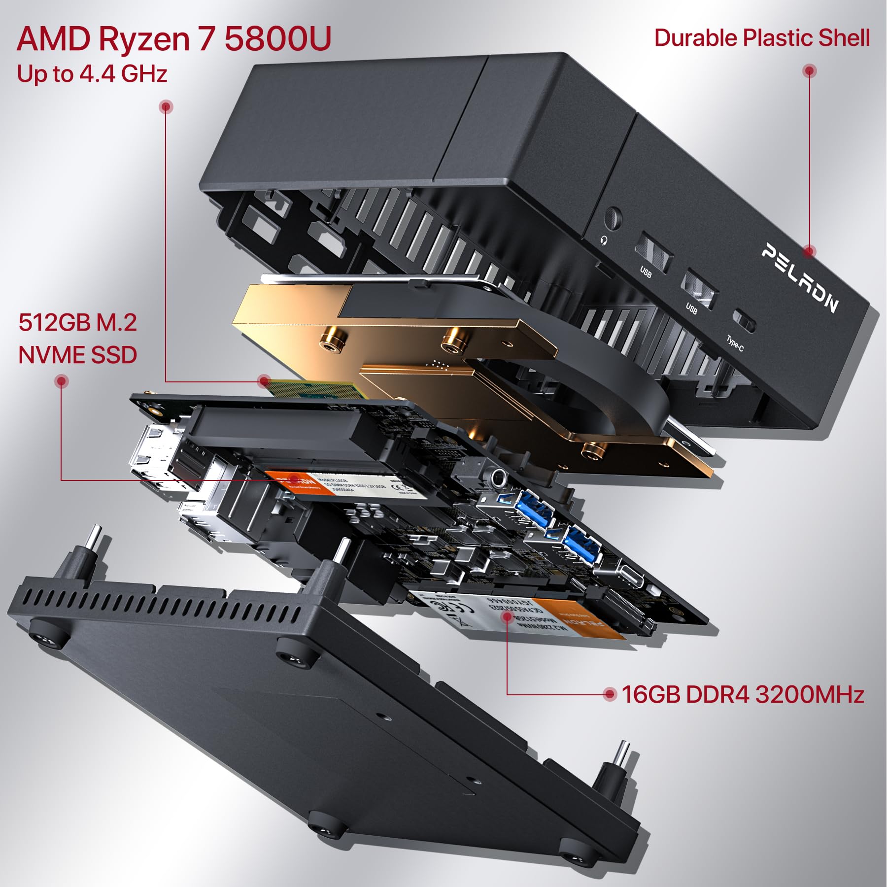 PELADN HA-2 Mini PC, AMD Ryzen 7 5800U (8C/16T up to 4.4Ghz), 16GB DDR4, 512GB NVME SSD, Win 11 Pro, 4K@60Hz HDMI, WiFi 5, Dual LAN Bluetooth 4.2, Compact Desktop Computers.