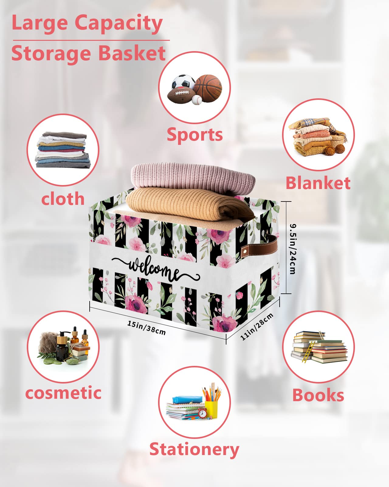 Storage Basket Pink Flowers Floral Leaves Large Foldable Storage Bins with Handles Black and White Stripe Waterproof Fabric Laundry Baskets for Organizing Shelves Closet Toy Gifts Bedroom Home Decor