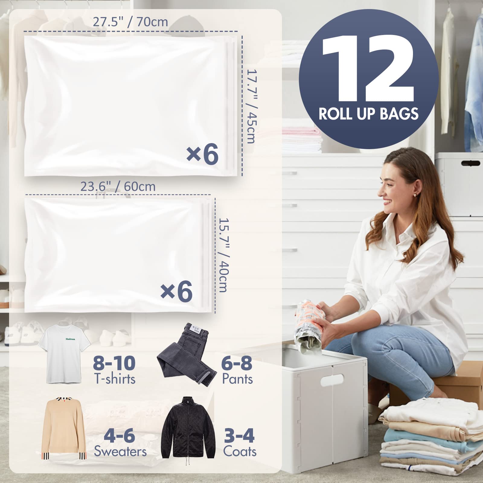 TAILI 12 Pack Travel Compression Bags, Roll Up Space Saver Bags (6 Large, 6 Medium), No Vacuum Needed Reusable Packing Bags for Luggage, Suitcase, Backpack, Travel Essentials