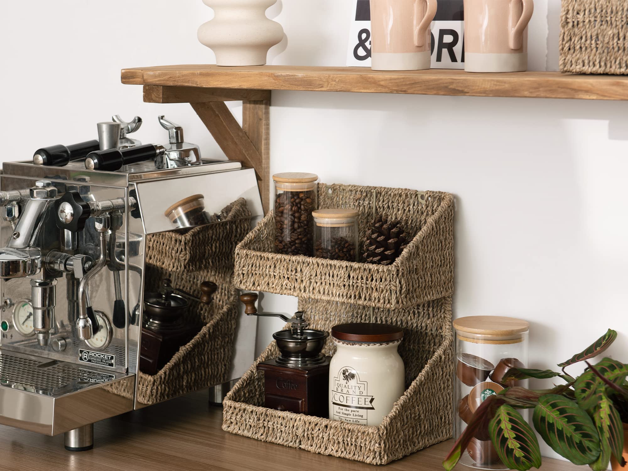 StorageWorks 2-tier Seagrass Basket, Handwoven Wicker Basket for Organizing, Kitchen Countertop Organizer, Wicker Storage Basket for Bathroom, Pantry, 1 Pack