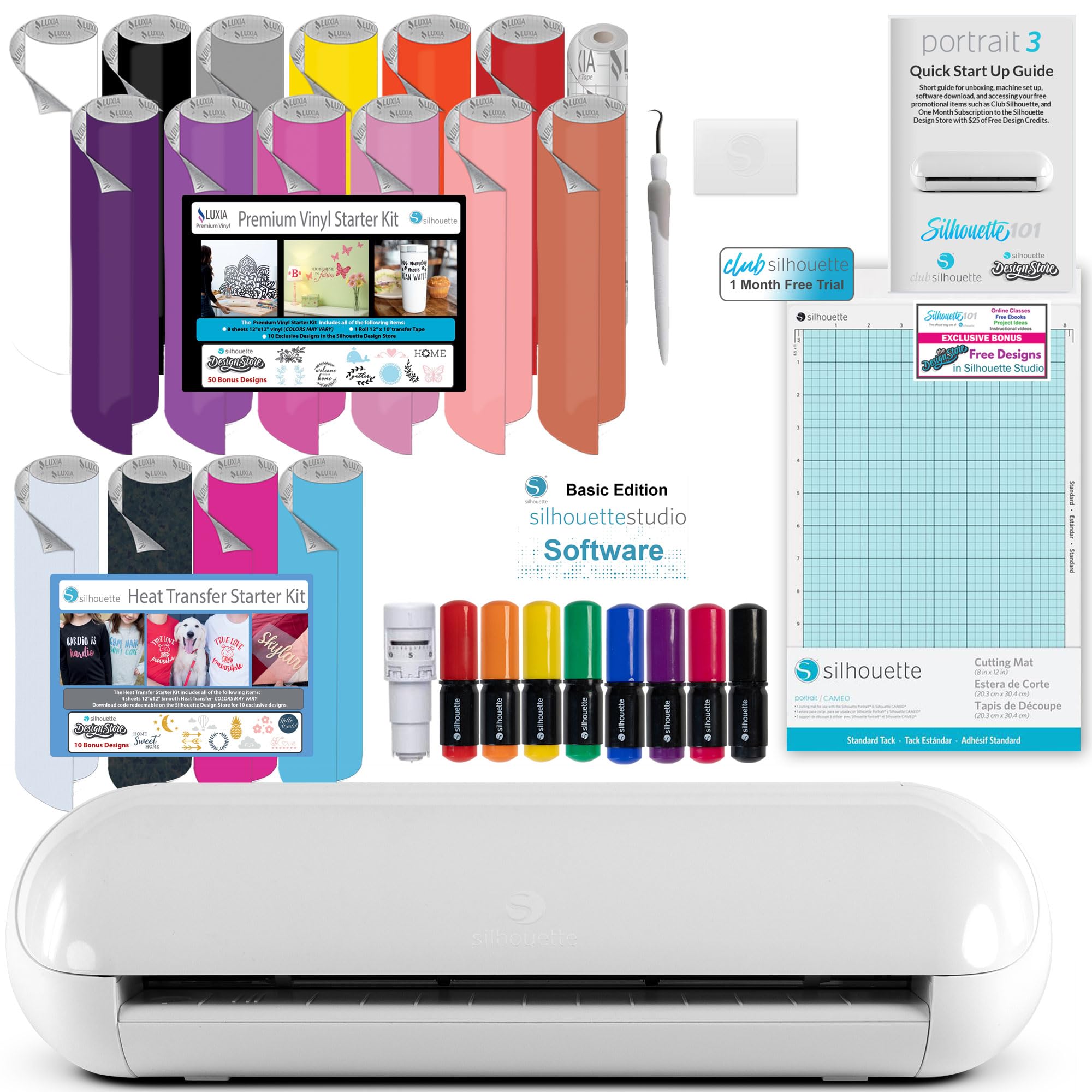 Silhouette Portrait 3 Bundle with Silhouette Vinyl Starter Kit, Silhouette Heat Transfer Starter Kit, Basic Starter Pack of Pens, CrafterCuts Deluxe Tool Kit, and Access to Ebooks, Tutorials, Classes.