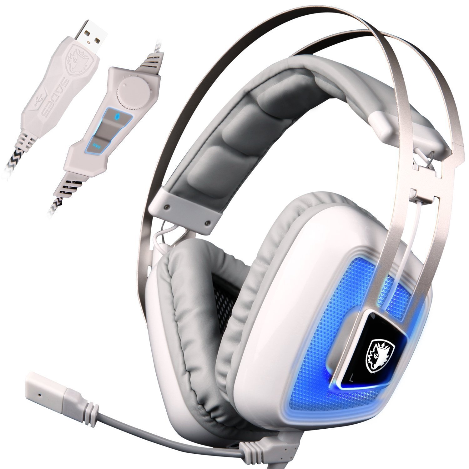 SADES A8S USB Gaming Headset 7.1 Channel Virtual Surround Stereo Wired PC Gaming Headset Over Ear Headphones with Mic Revolution Volume Control Noise Canceling LED Light (White)