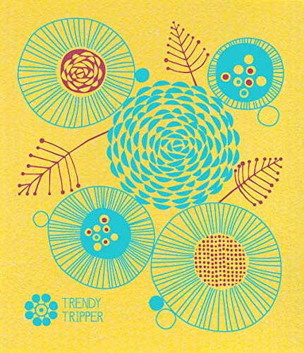 Trendy Tripper Jenn Ski Reusable Swedish Dishcloths/Sponge Cloth MID-Century Modern Abstract Designs Set of 4 (4-Pk MCM Floral Turquoise/Red)