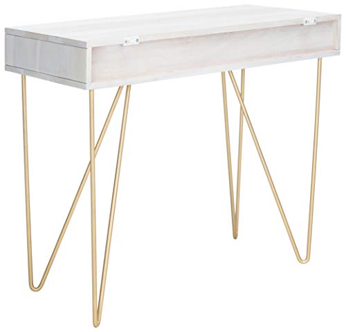 Safavieh Home Office Collection Raveena White Wash and Brass 1-Drawer Hairpin Leg Desk, 0