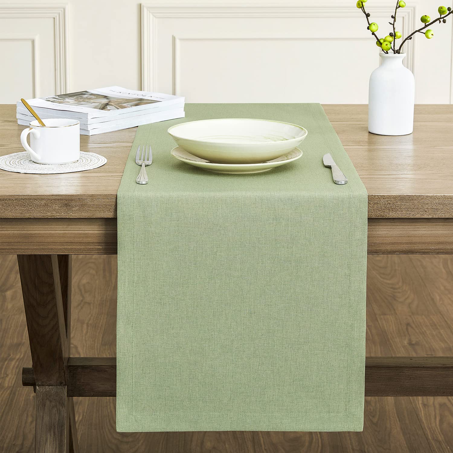 ZeeMart Basic Linen Style Table Runner, 14 x 72 Inch Sage Green, Rustic Farmhouse Green Table Runners 72 Inches Long, Everyday Polyester Table Runner - Machine Washable & Easy Care