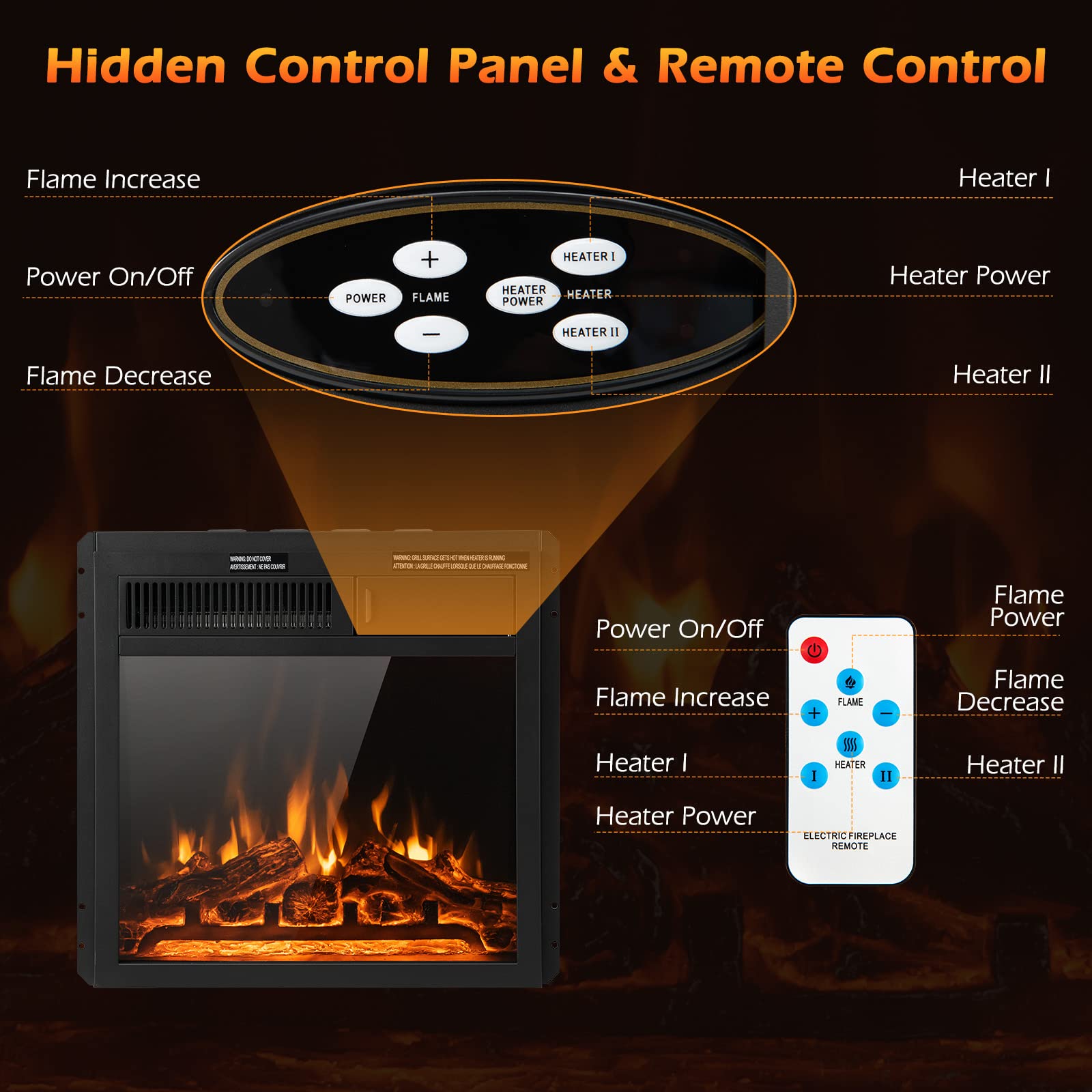 Tangkula 18 Inch Electric Fireplace, 5100 BTU Freestanding Electric Fireplace Heater with Remote Control, Adjustable Flame Brightness, Overheat Protection for Home, Hotel, ETL Certification