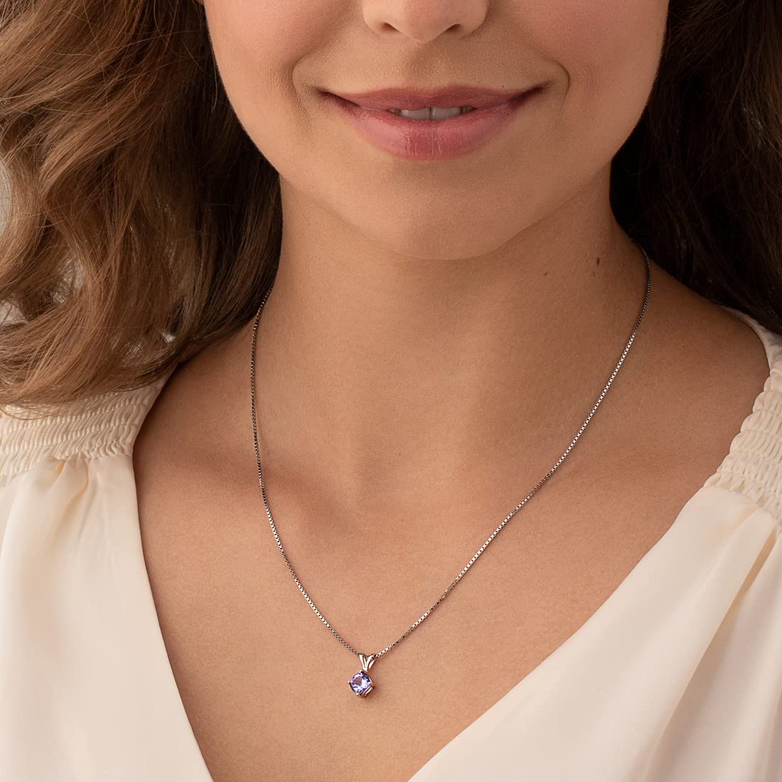 PEORA 14K White Gold Tanzanite Pendant for Women, Genuine Gemstone Classic Solitaire, 1 Carat Cushion Cut, 6mm, AAA Grade