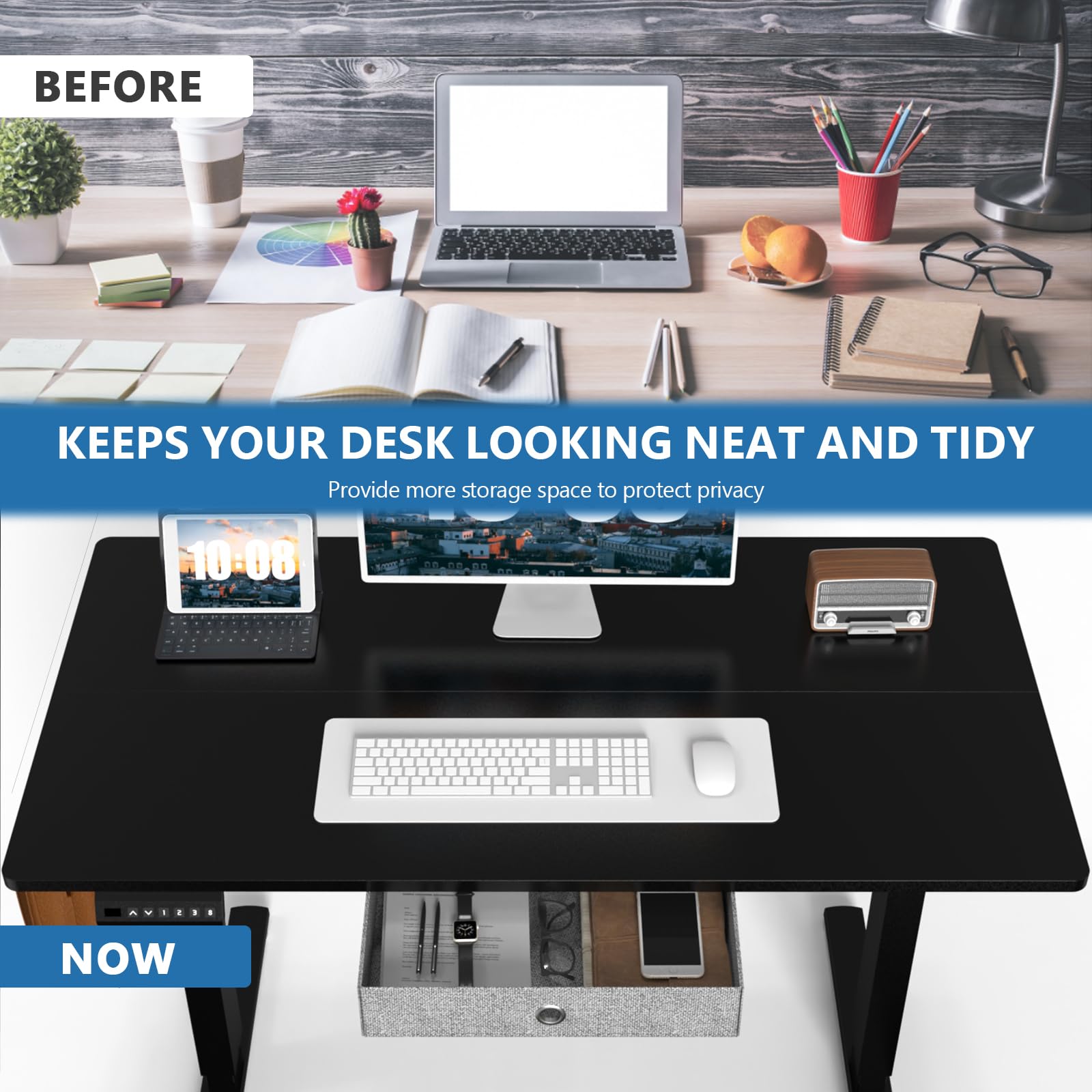 Standing Desk with Drawer, 40 x 24 Inch Home Office Electric Stand Up Desk with Drawer Storage, Height Adjustable Sit Stand Ergonomic Computer Desk with Wire Hole and Hook for Workstation, Study