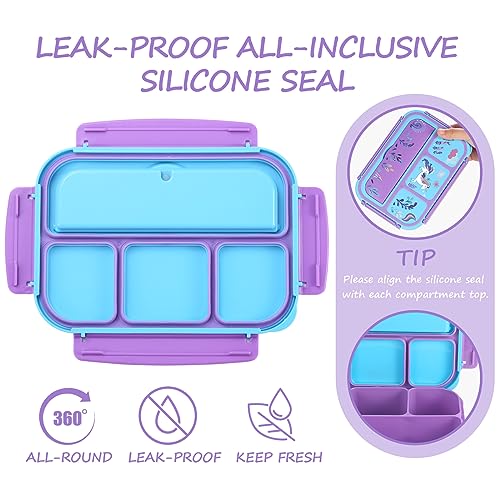 Sunhanny Bento Lunch Box for Kids - 4 Compartments, Sauce Container, Utensils, Food Picks and Muffin Cups, Purple Unicorn