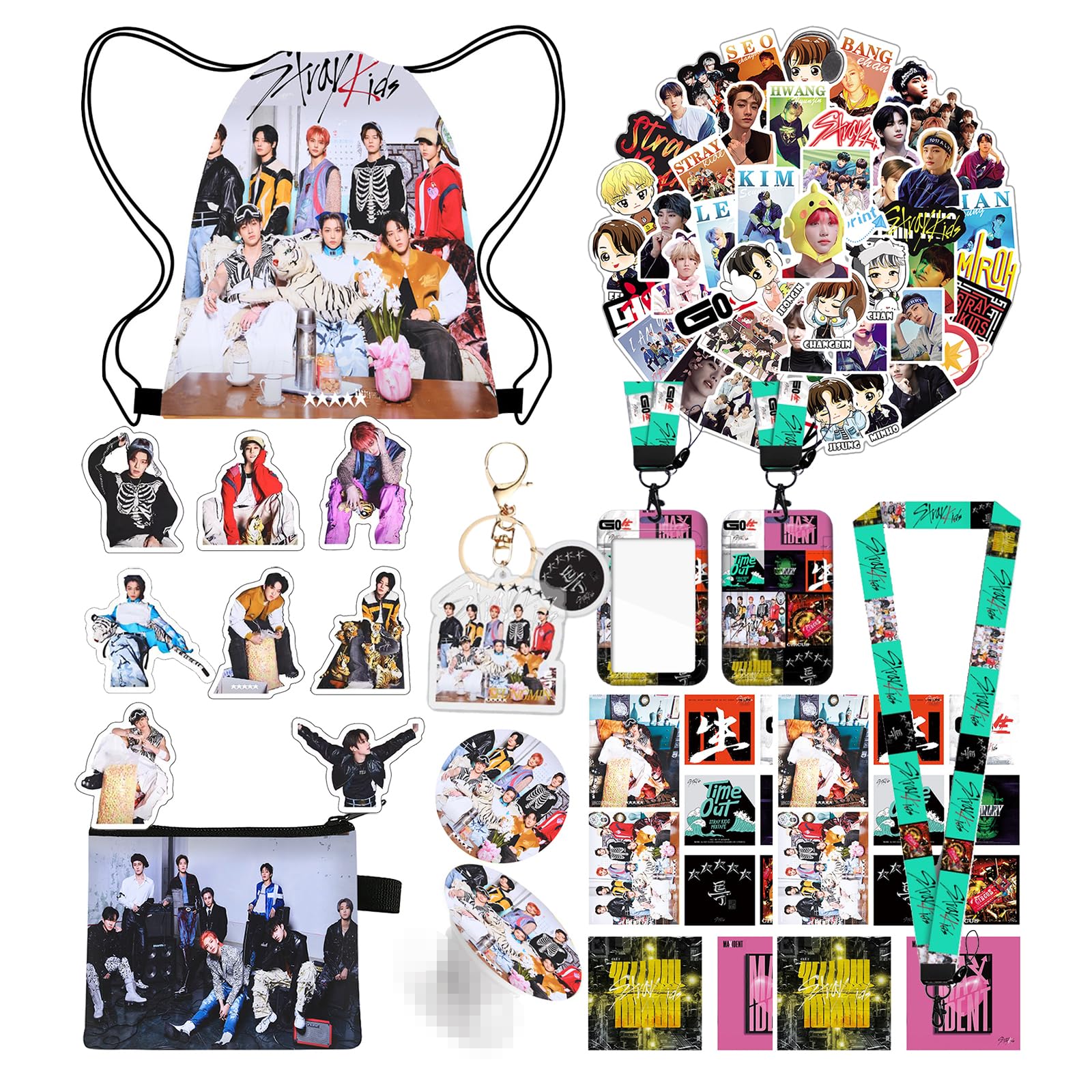 Stray Kids Merch 5 Star Stray Kids Album Gift Set Includes Drawstring Bag Coin Bag ID Card Lanyard Stickers Keychain Butto Pin Phone Stand KPOP Merchandise