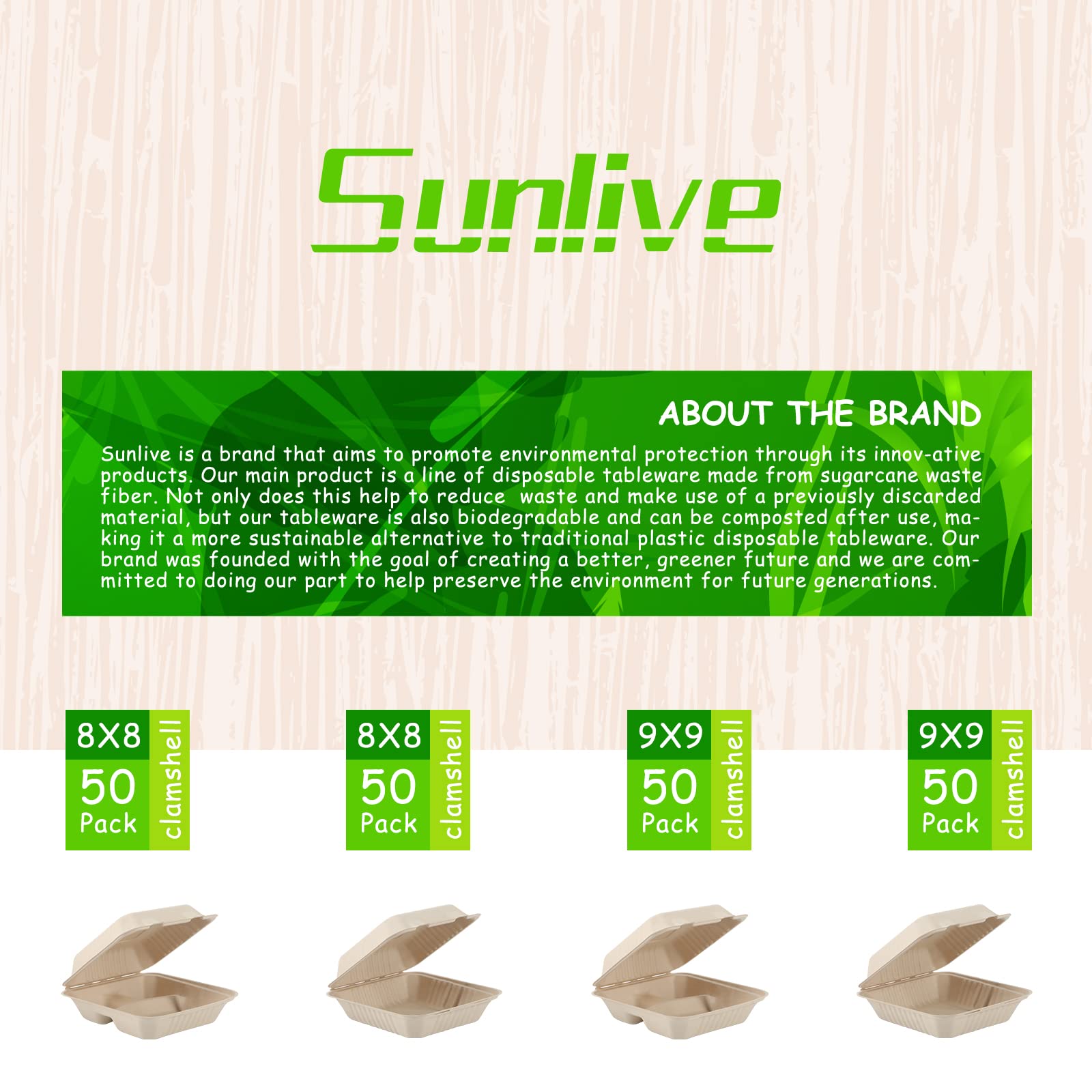 Sunlive 100% Home Compostable 50 Pack Disposable Clamshell Take Out Food Containers, 8X8'' 1-Compartment to go Containers, Heavy-Duty to go Boxes, Eco-Friendly Biodegradable, Made of Sugarcane Fibers