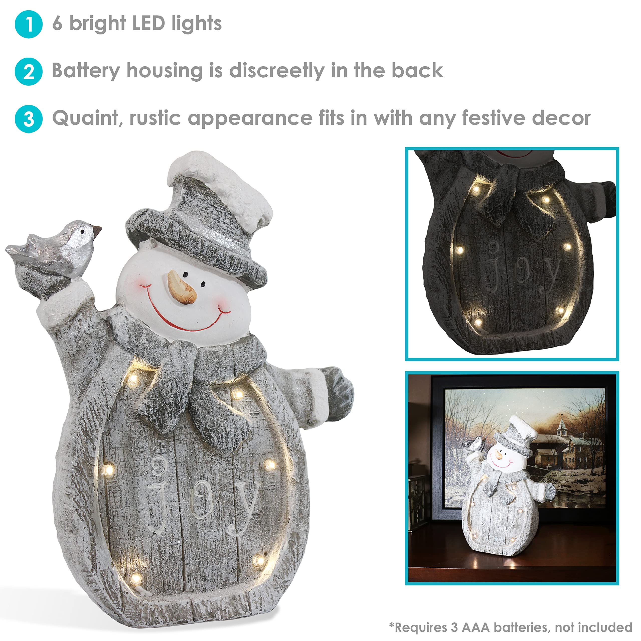 Sunnydaze Joyful Snowman 15-Inch Indoor Christmas Decoration with LED Lights - Battery Operated Pre-Lit Accent