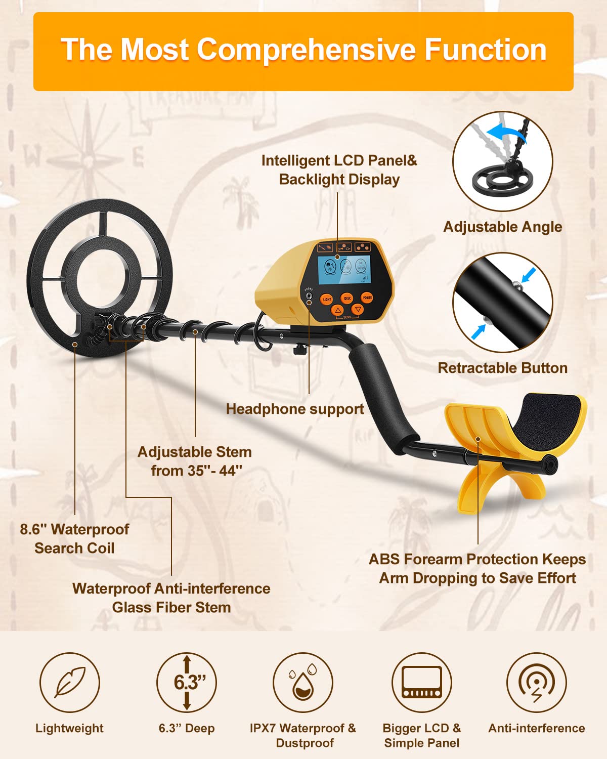 SAKOBS Metal Detector, High Accuracy Waterproof Metal Detectors with LCD Display & LED Light, Discrimination & All Metal Mode 8.6 Inch Search Coil for Adults & Kids