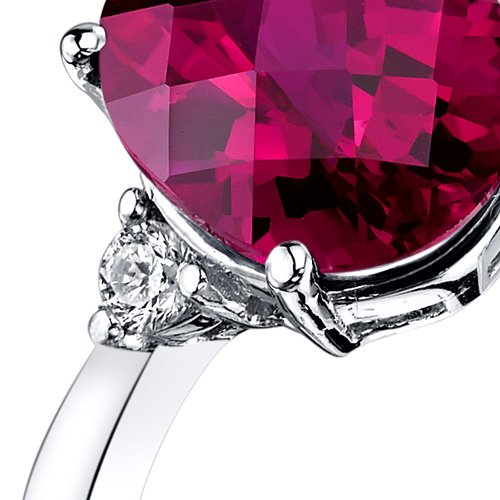 PEORA Created Ruby and Genuine Diamond Ring for Women 14K White Gold, 3.50 Carats Oval Shape 10x8mm