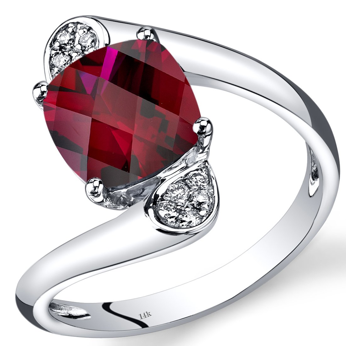 PEORA Created Ruby and Genuine Diamond Bypass Solitaire Ring for Women 14K White Gold, 2.83 Carats total, 8mm Cushion Cut, Size 7
