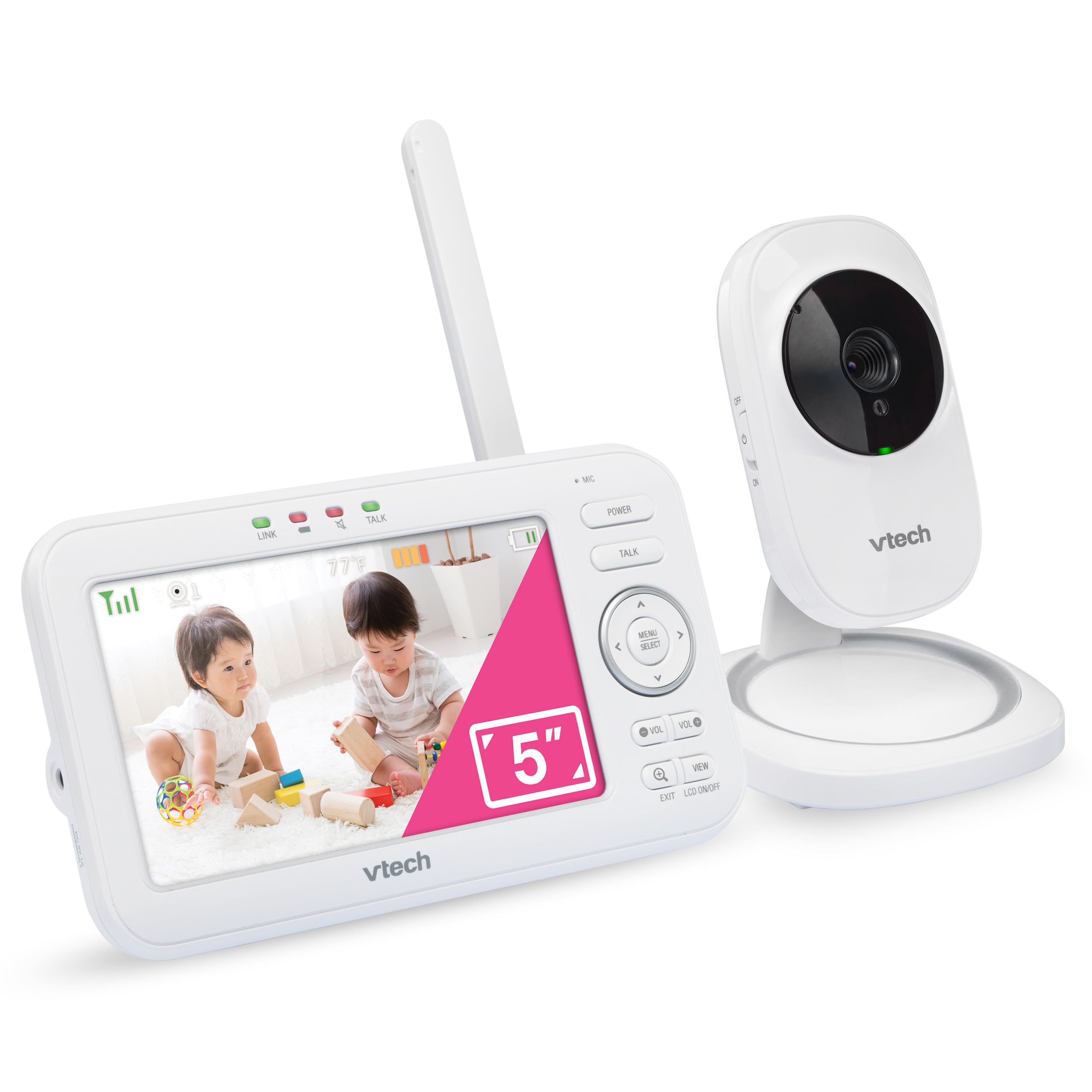 VTech VM5251 5” Digital Video Baby Monitor with Full-Color and Automatic Night Vision, White 5 inch